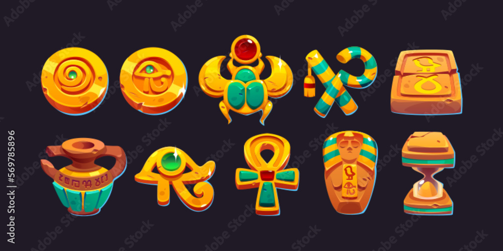 Game icons of ancient Egyptian gold coins, pharaoh tomb, vase, amulets ...