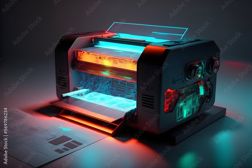 Futuristic printer printing digital paper, studio background, neon ...