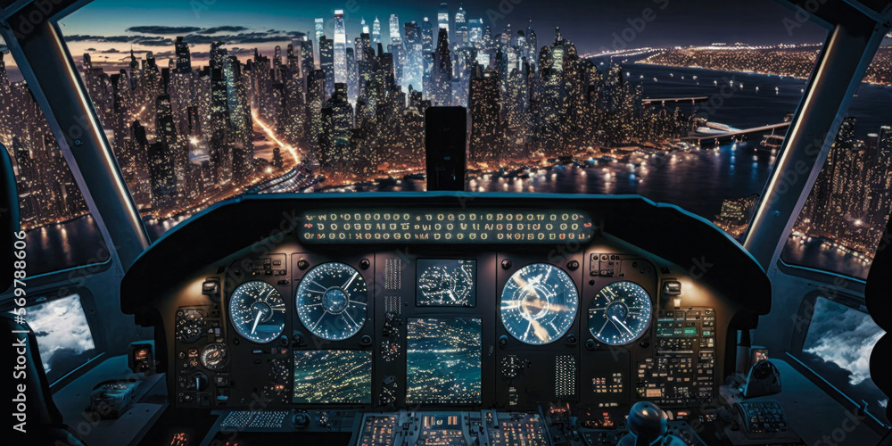 ภาพประกอบสต็อก Aircraft cockpit view of New York City at night. Pilot ...