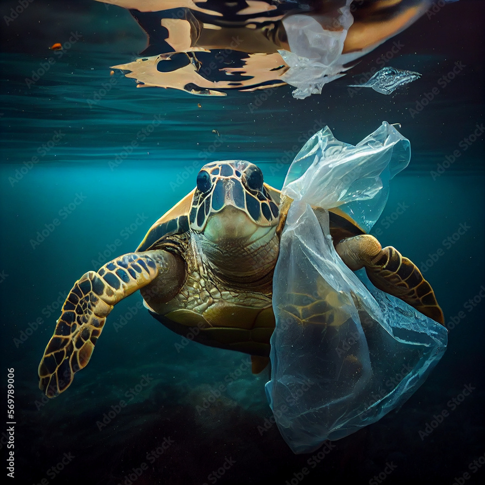 Large sea turtle stuck in a plastic bag floating, trash in the water in ...