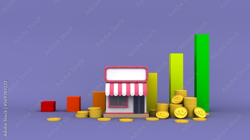 online mobile shopping store with stack coins row growth chart concept ...