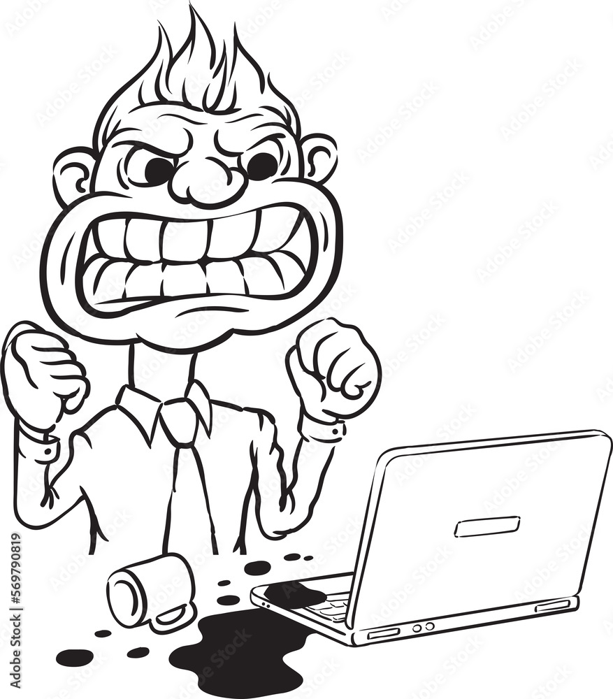 whiteboard drawing angry businessman pouring cup of coffee on laptop ...