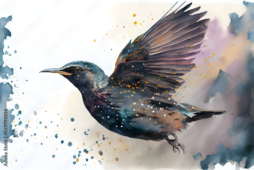 watercolor sketch of starling in flight Stock Illustration | Adobe Stock