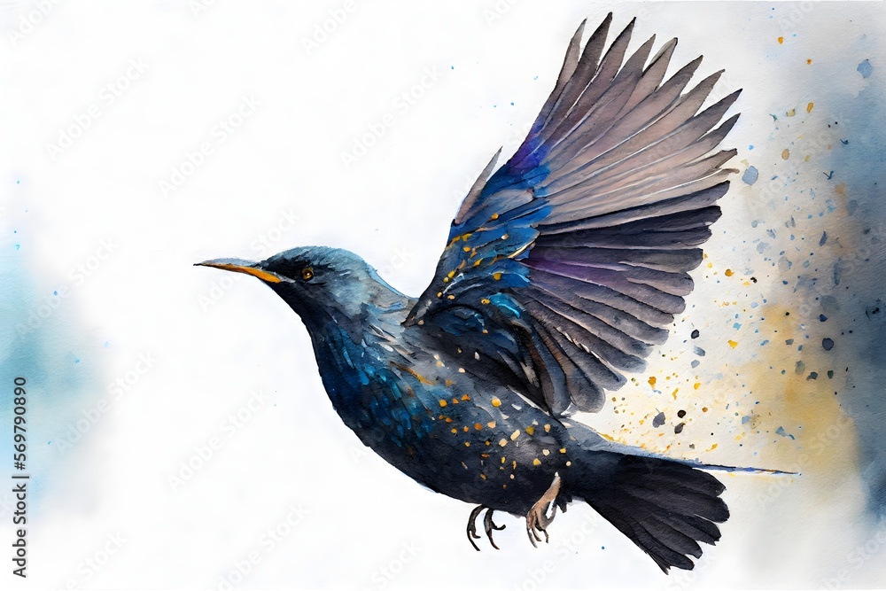 watercolor sketch of starling in flight Stock Illustration | Adobe Stock