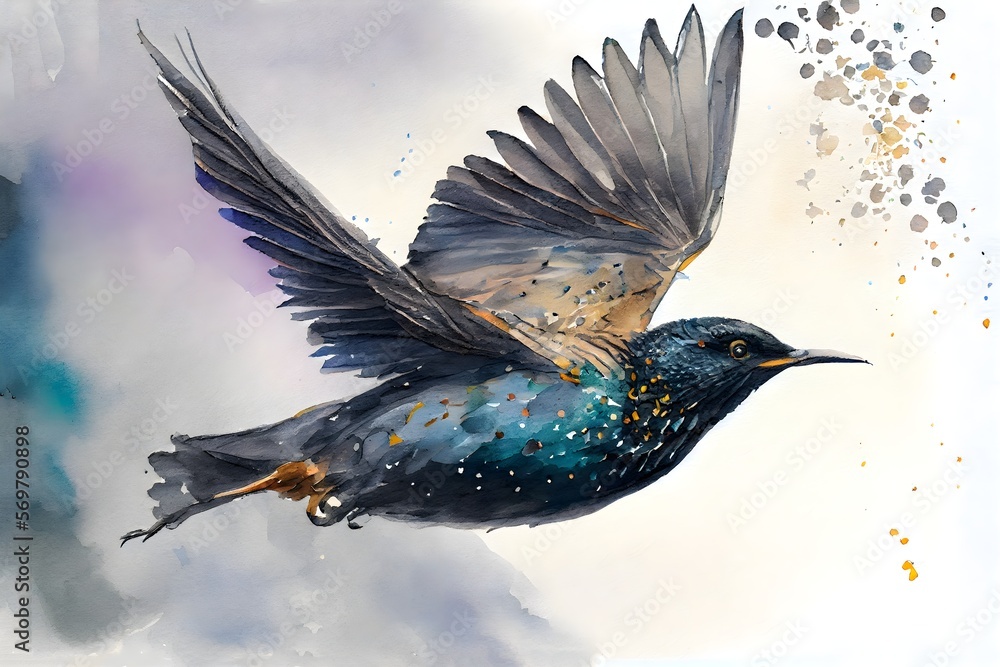 watercolor sketch of starling in flight Stock Illustration | Adobe Stock