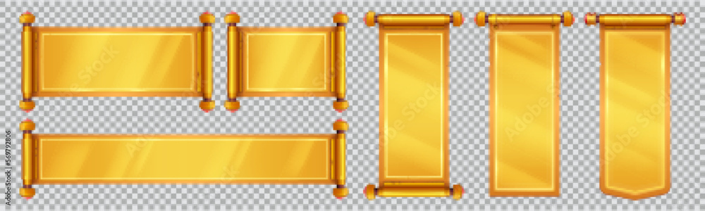 Gold scroll paper set, banner vector illustration isolated on transparent background. Royal ...