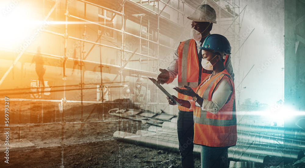 Foto de Construction worker, people and face mask with inspection ...