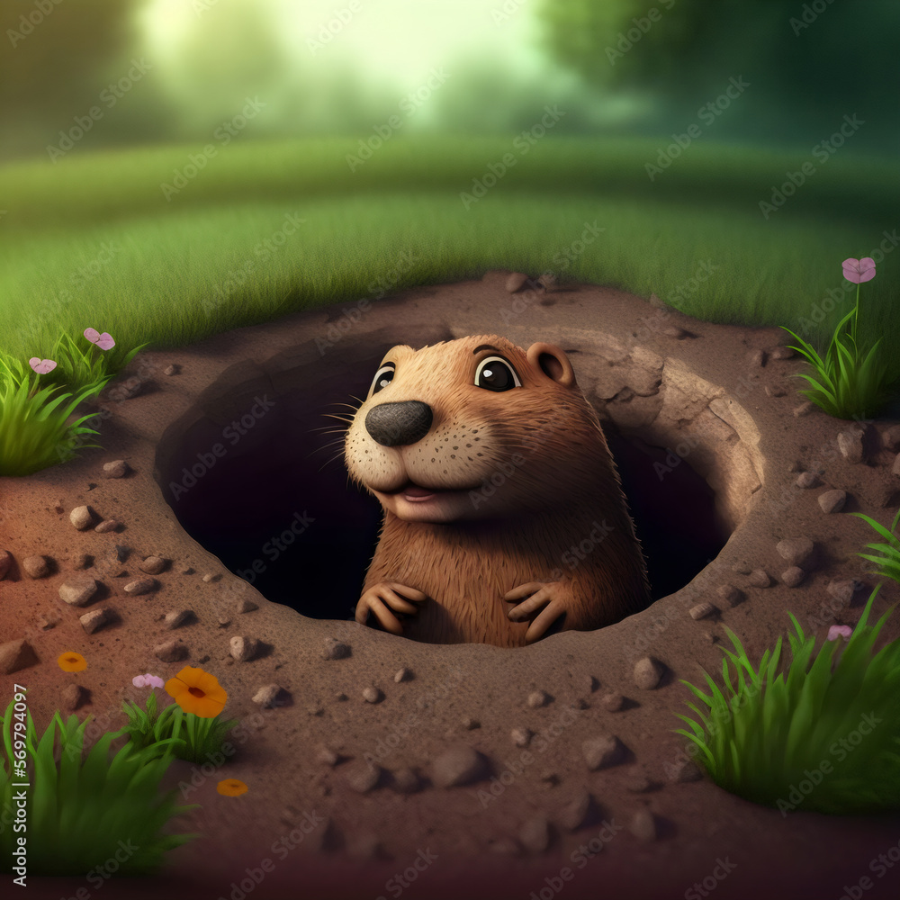 dramatic 3D groundhog character pops out of hole on groundhog day ...
