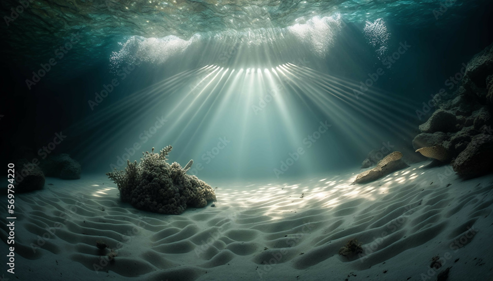 Underwater scene of the deep ocean floor. Rays of light shimmer through ...