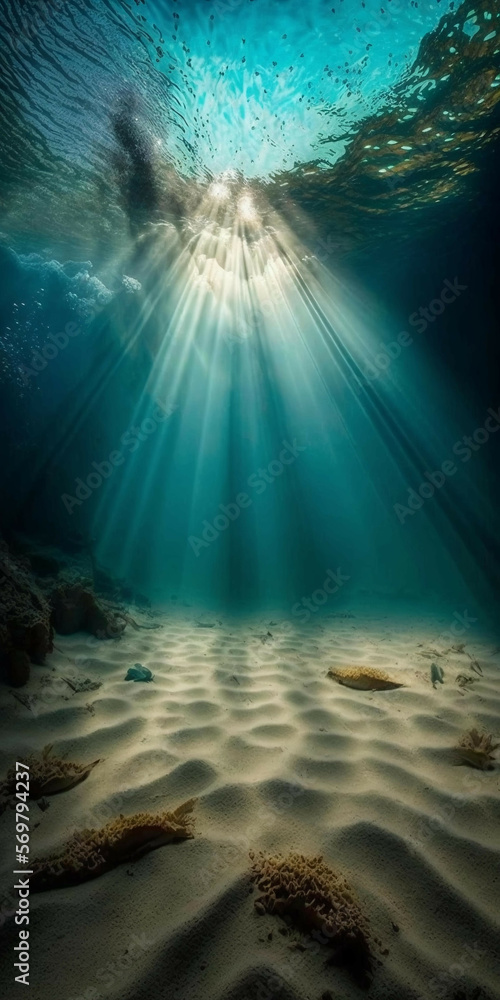 Underwater scene of the deep ocean floor. Rays of light shimmer through ...