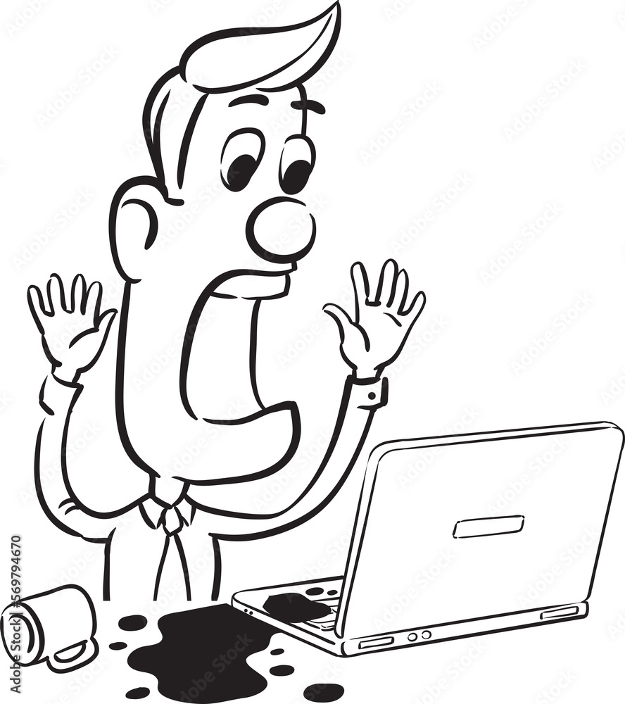 whiteboard drawing frustrated businessman pouring cup of coffee on ...