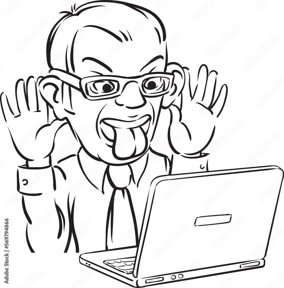 whiteboard drawing grimacing man with laptop computer - PNG image with ...