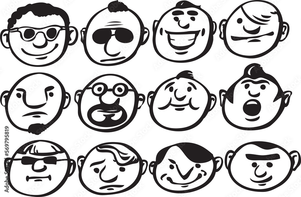 whiteboard drawing set of cartoon round faces - PNG image with ...