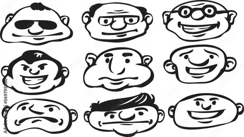 whiteboard drawing set of cartoon wide faces - PNG image with ...