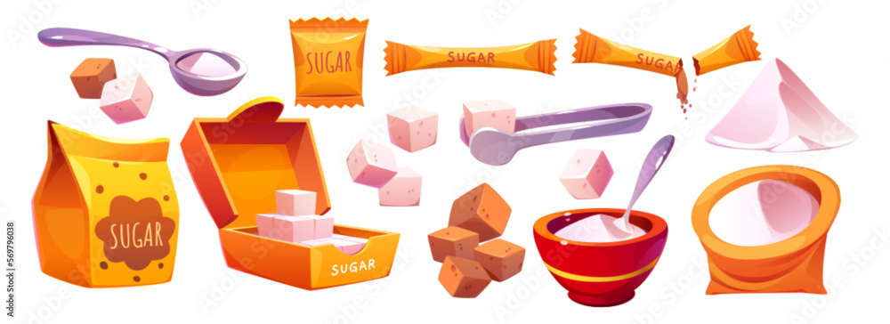 Cartoon set of sugar in different packages isolated on white background ...