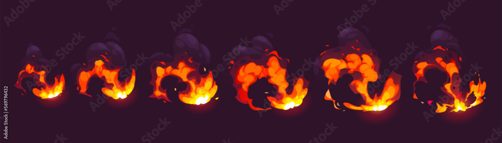 Explosion fire animation set on black background. Vector cartoon ...