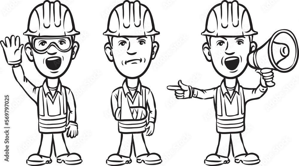 whiteboard drawing three cartoon workers with waving injured speaking ...