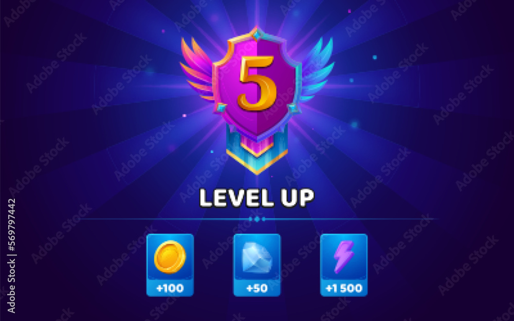 Level up banner for game ui. Reward badge for win with bonus of gold ...