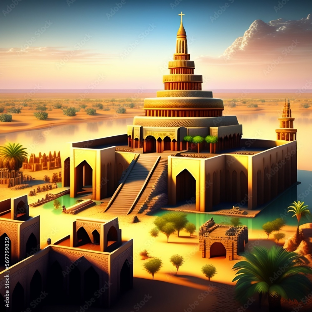 Ancient city of Babylon with the tower of Babel, bible and religion ...