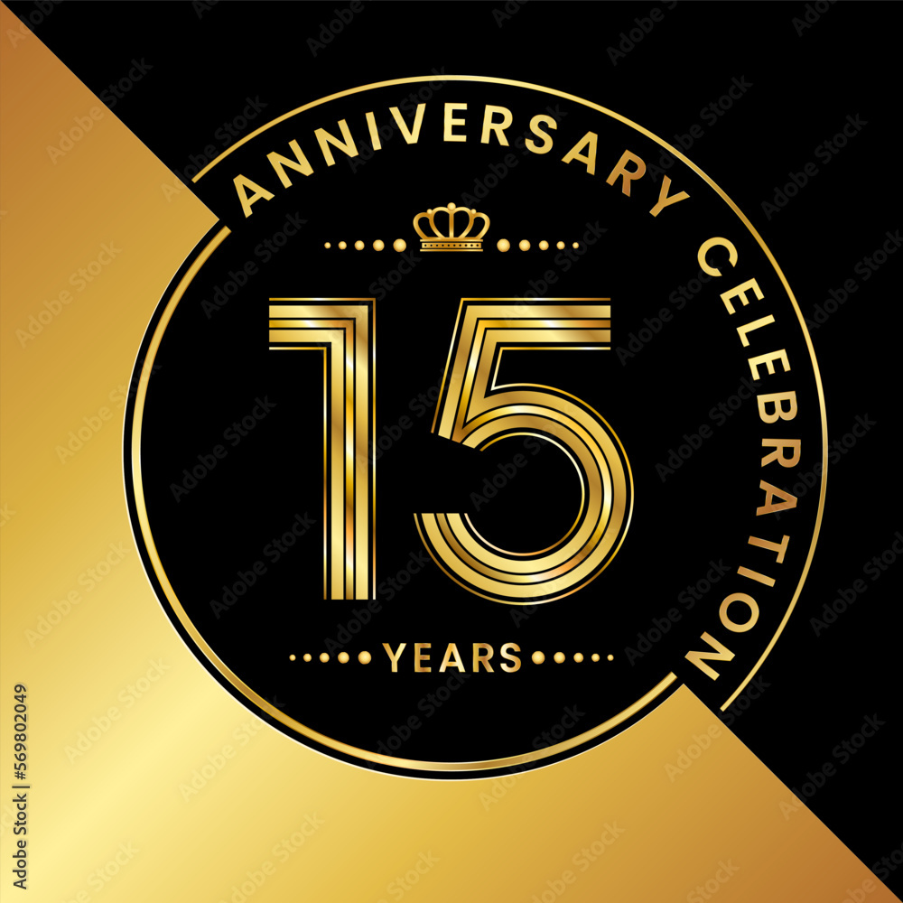 15th Anniversary. logo design with golden numbers and text for birthday ...