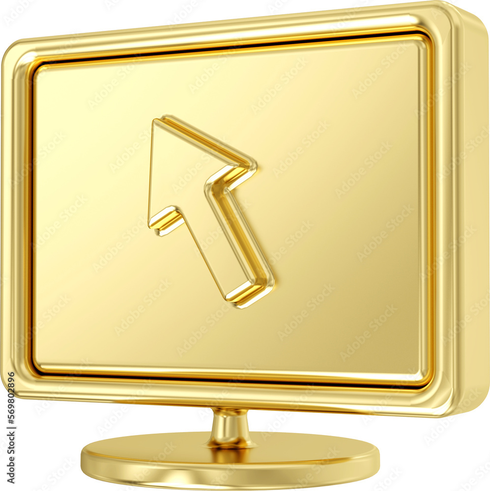 Gold metal computer monitor click cursor icon. 3d gold computer screen with cursor mouse ...
