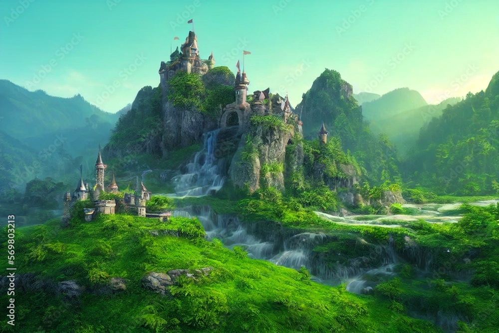 Beautiful digital art AI generated image of fantasy fairy tale castle on waterfall with hills ...
