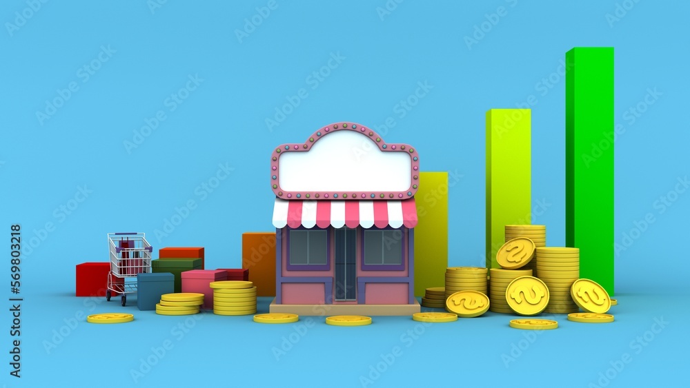 online mobile shopping store with stack coins row growth chart concept ...