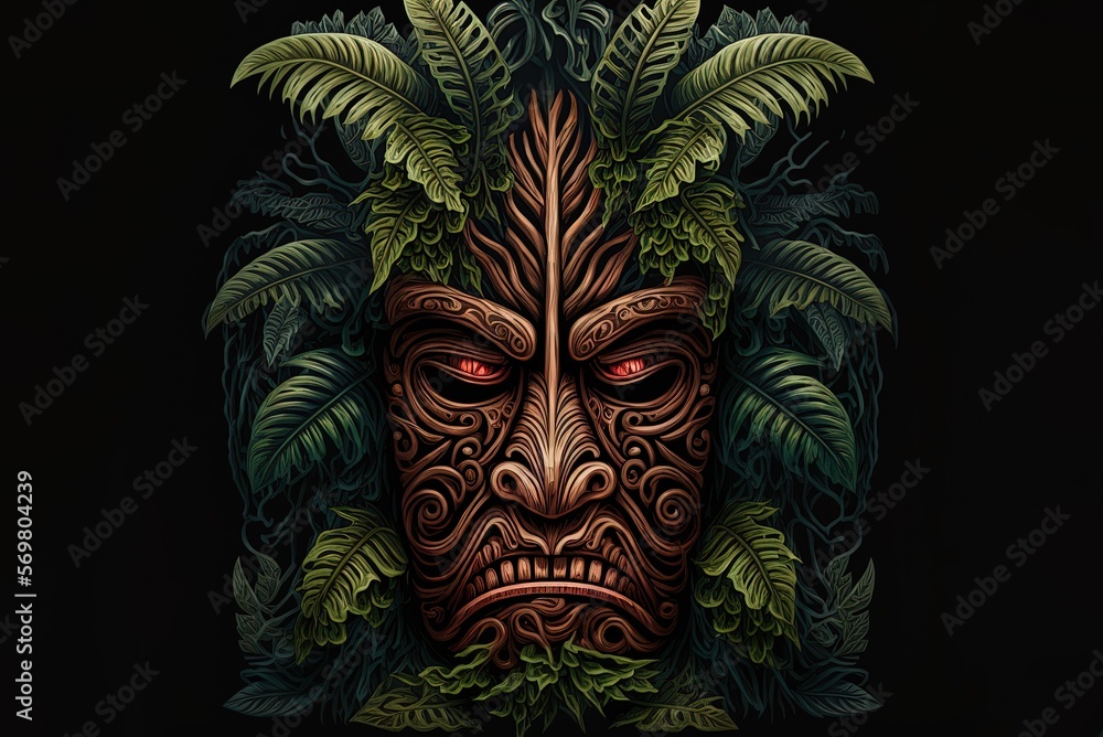 Tiki mask depicting the snarling, malevolent visage of a forest tree ...