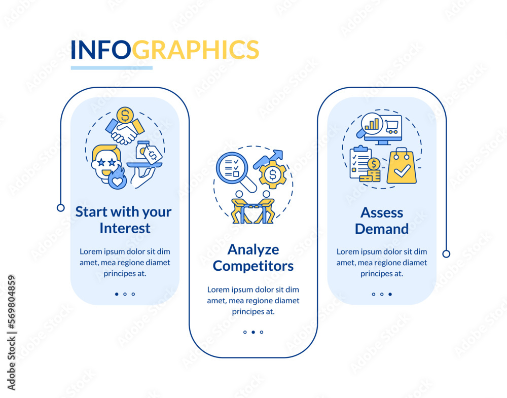 Select affiliate marketing niche rectangle infographic template. Data visualization with 3 steps ...