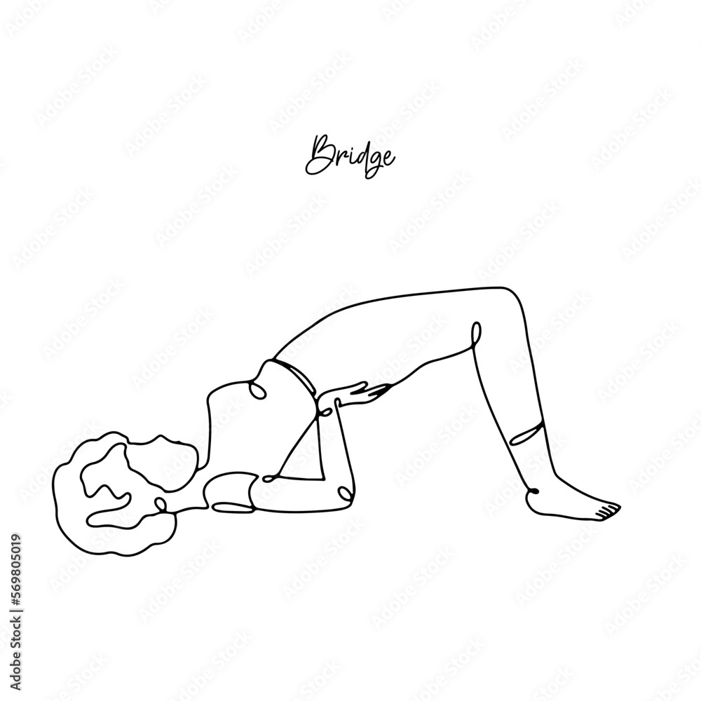 Single line drawing of a girl in bridge yoga pose with name text ...