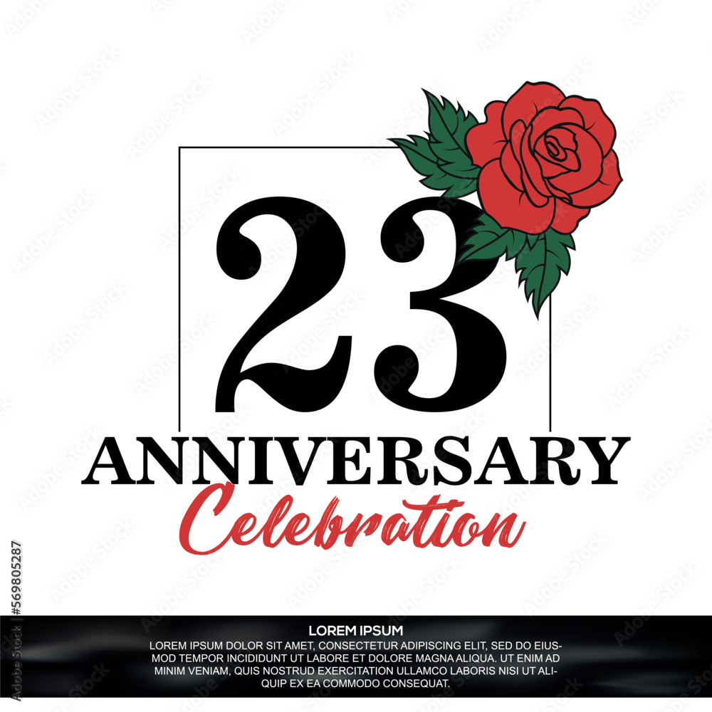 23rd anniversary celebration logo vector design with red rose flower ...