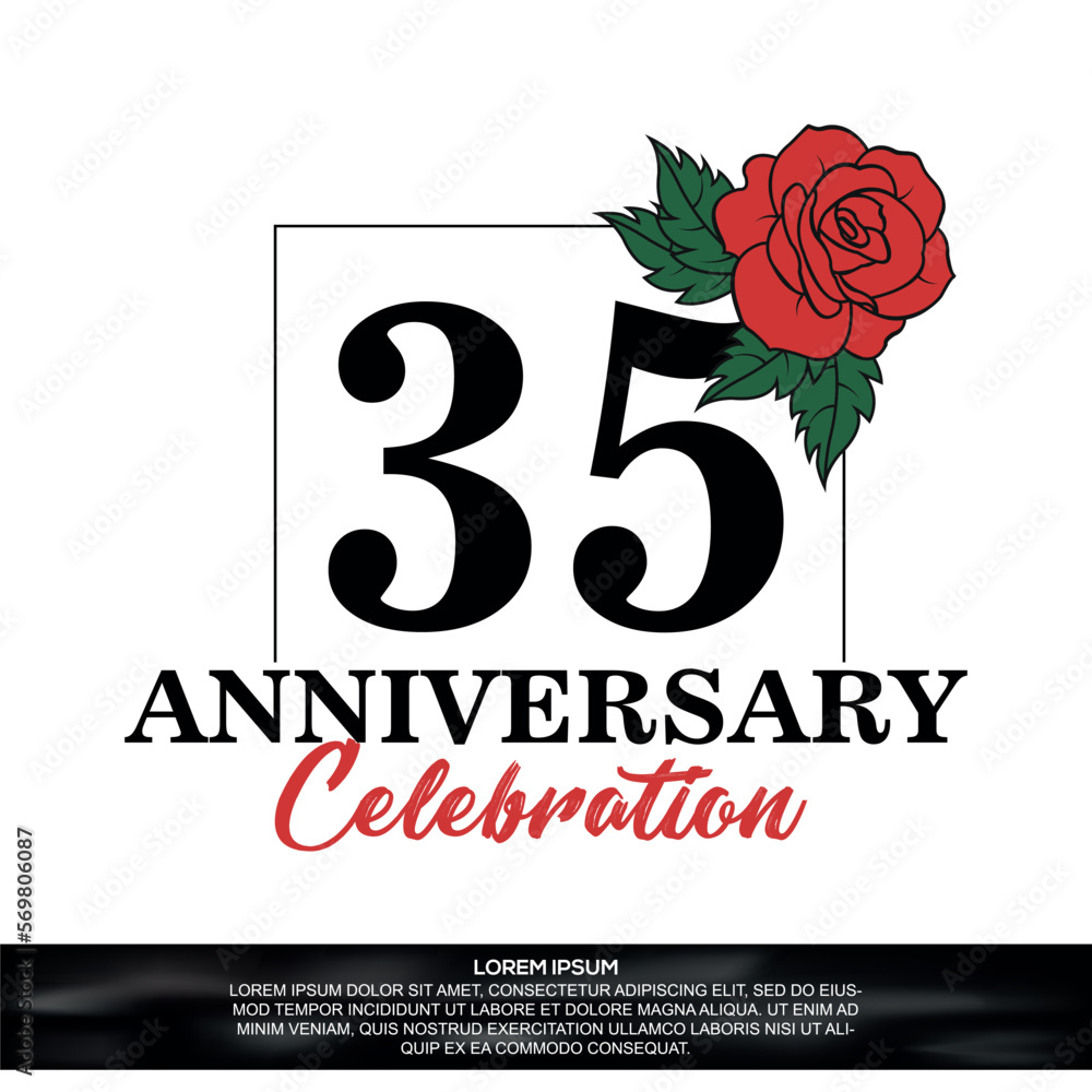 35th anniversary celebration logo vector design with red rose flower ...