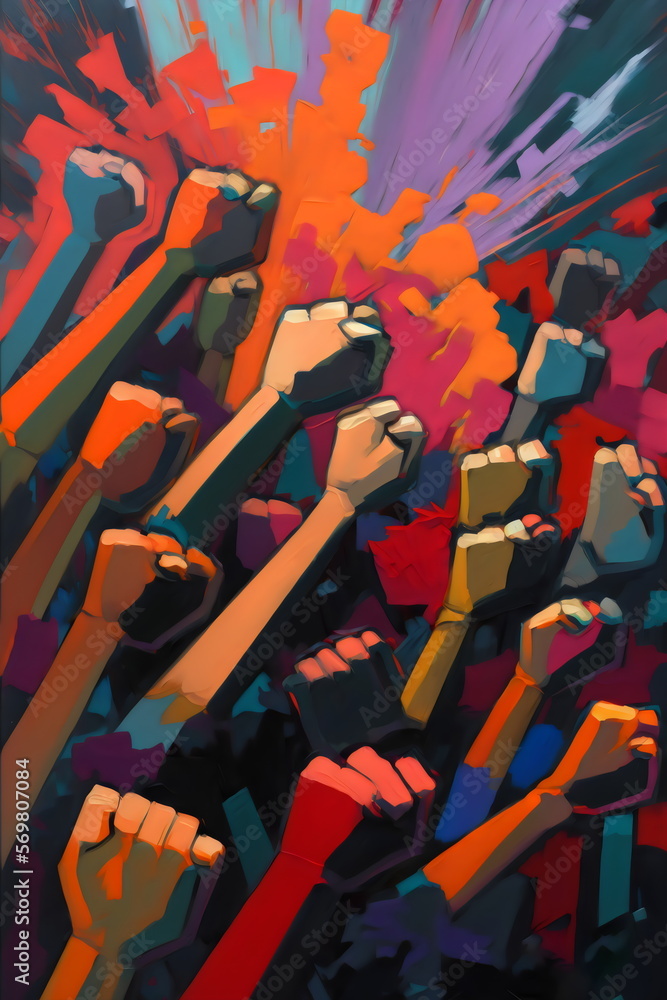 colorful painting of diverse fists raised protest created by generative ...