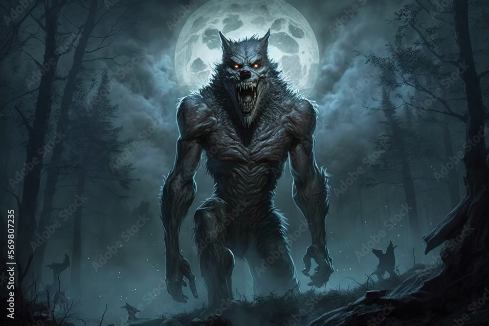 Terrifying werewolf in the forest with full moon Stock Illustration ...