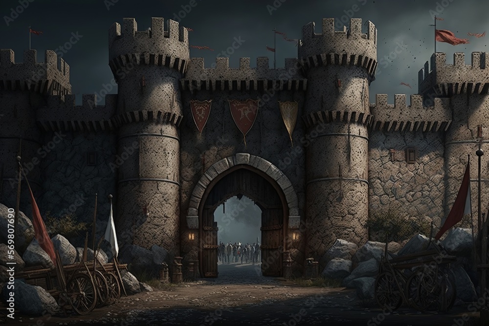 Big medieval castle with bastion, towers and gate Stock Illustration ...