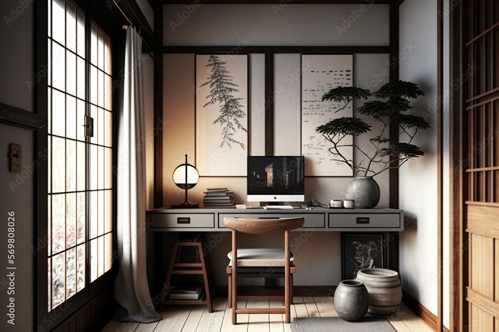 Japandi interior style study room with plants, bonsai tree, wooden desk ...