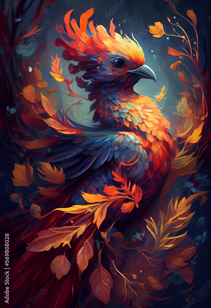 A charming portrait of a fire phoenix with a dynamic pose is depicted ...