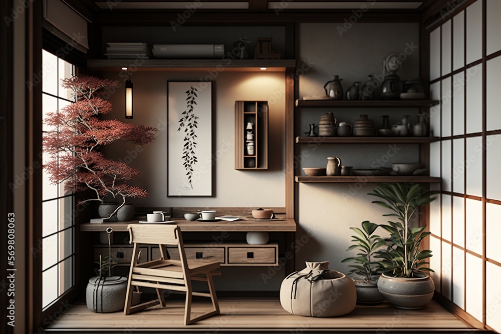 Japandi interior style study room with plants, bonsai tree, wooden desk ...