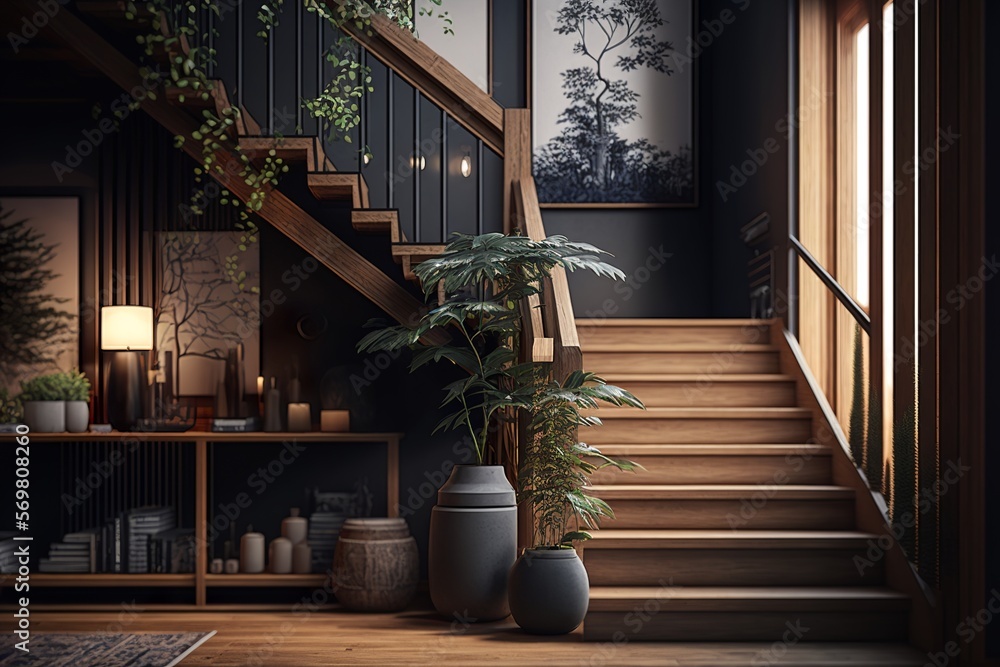 Japandi interior style stairway Stock Illustration | Adobe Stock