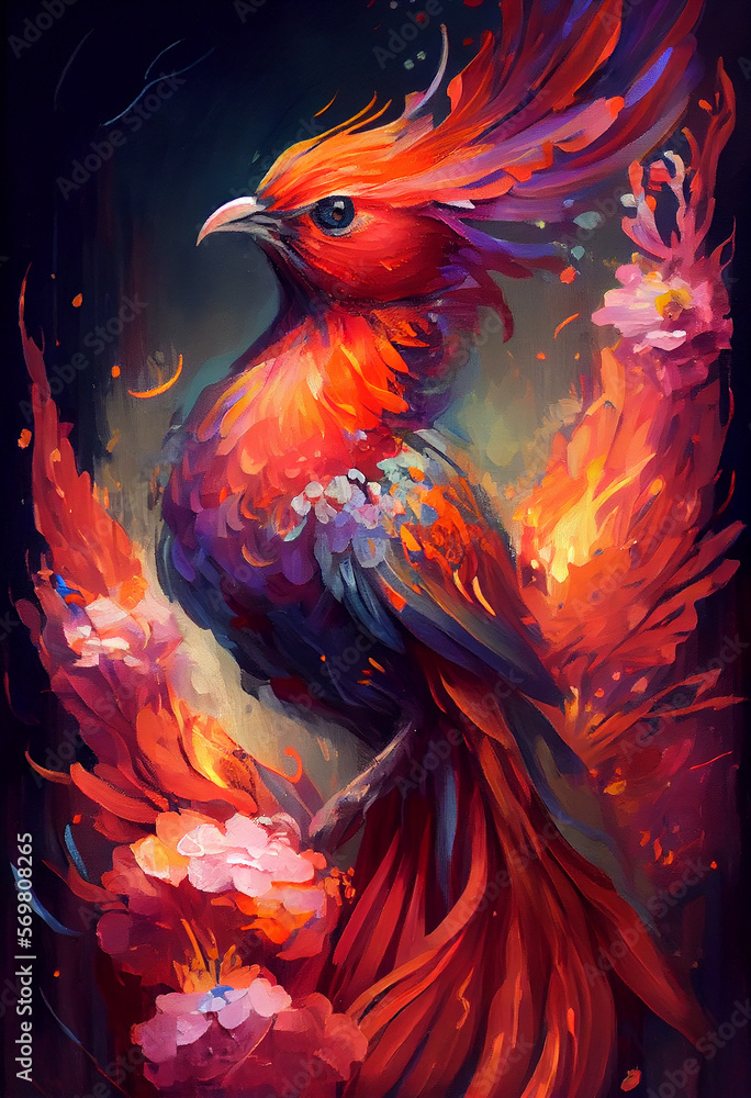 A charming portrait of a fire phoenix with a dynamic pose is depicted ...