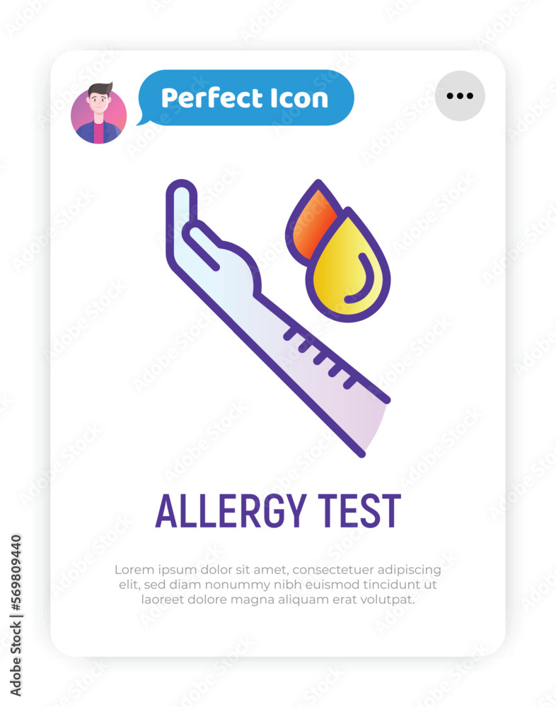 Allergy test thin line icon: dripping allergens on forearm. Skin prick ...