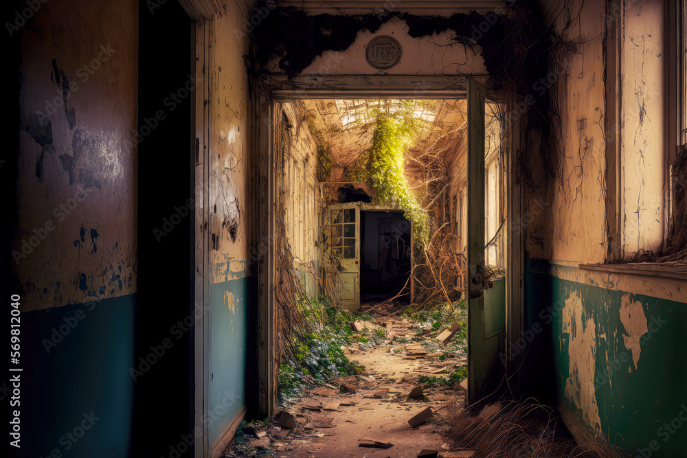 abandoned corridor of cluttered building and doorway at end Stock ...