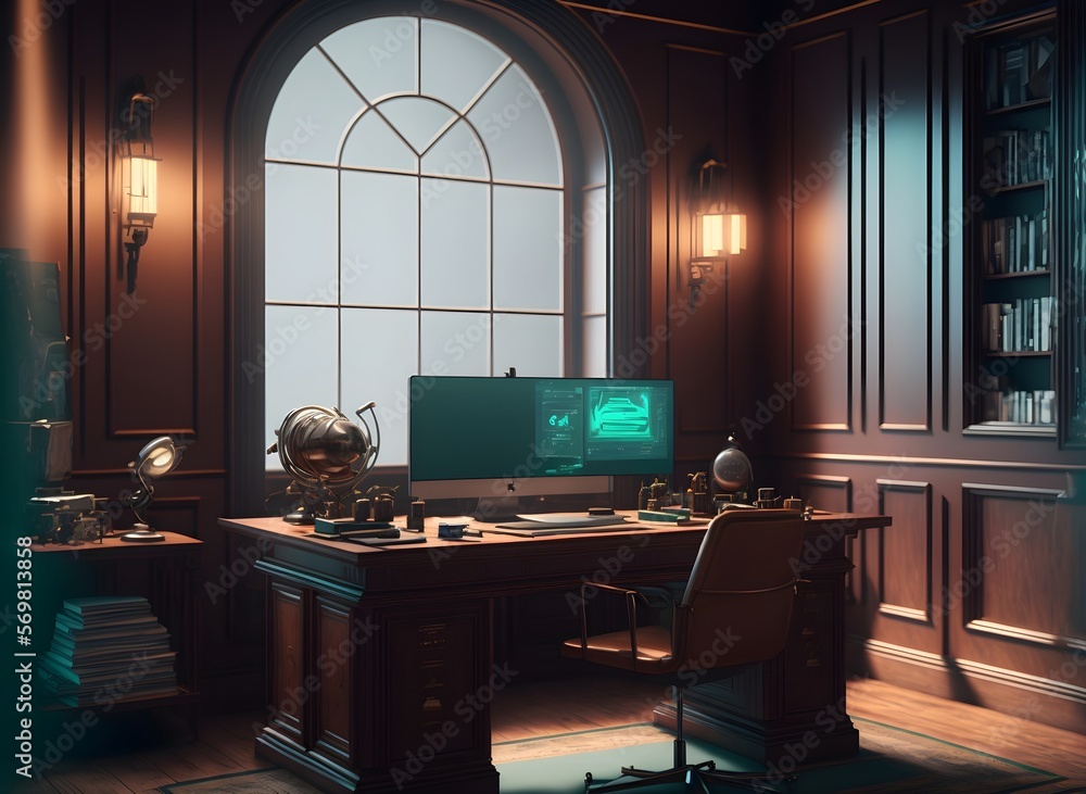 futuristic detective office. brown walls with big window behind desk ...