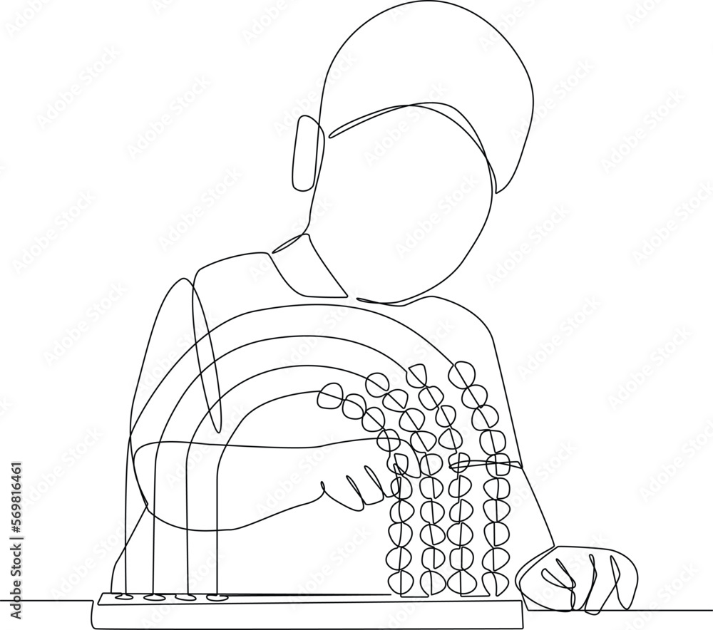 Single one line drawing happy Little boy using wooden abacus doing math ...
