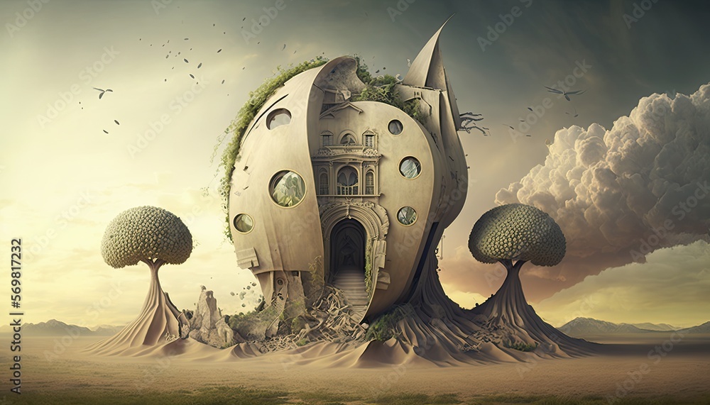 an abstract surrealistic house with trees in a wasteland, illustration ...
