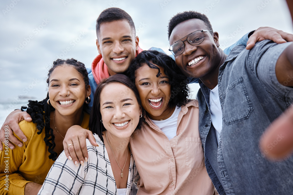 Selfie, diversity and portrait of friends on a holiday while having fun ...