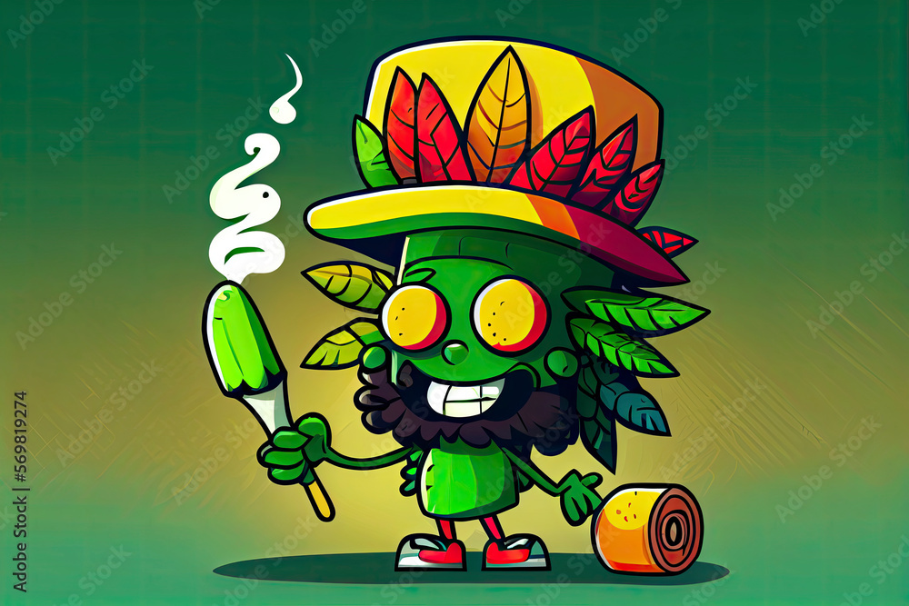 A cheerful marijuana vector cartoon character getting high and smoking ...