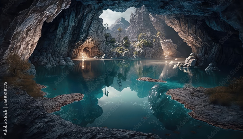 underground lakes in a marble cave. Crystal clear water, spring, rocks ...