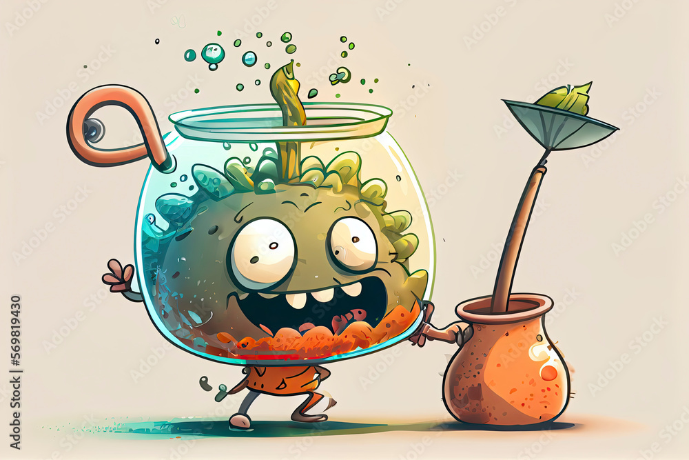 A cheerful pot cartoon character getting high and smoking a glass water ...