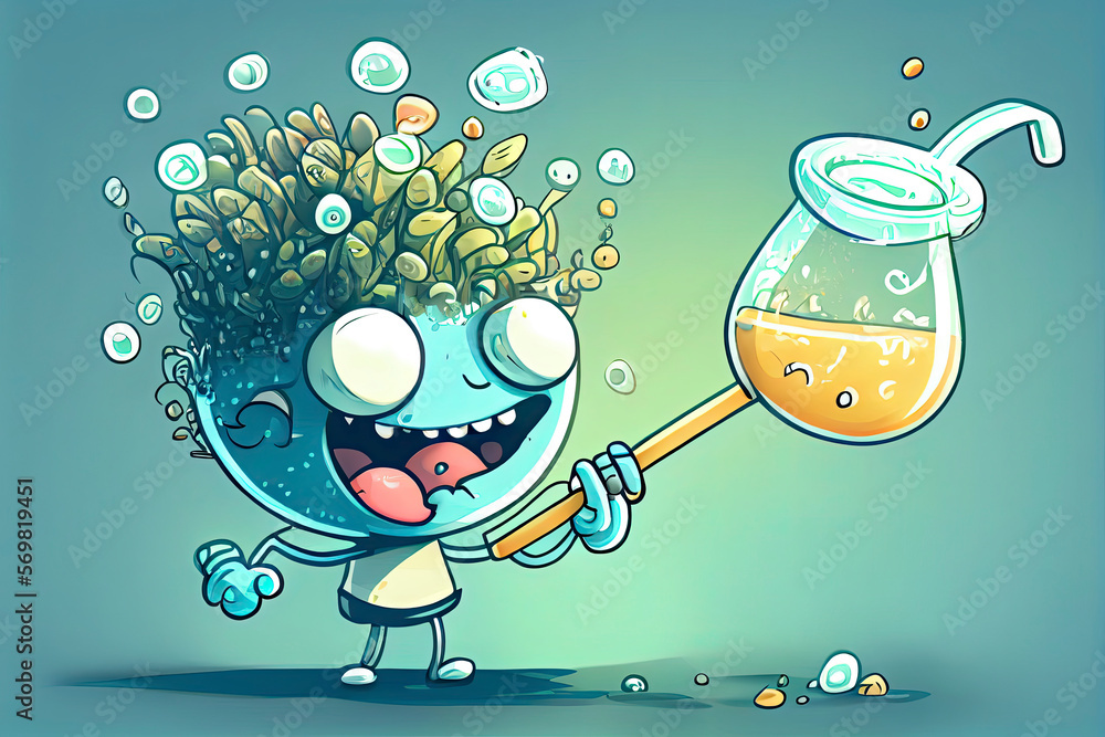 A cheerful pot cartoon character getting high and smoking a glass water ...